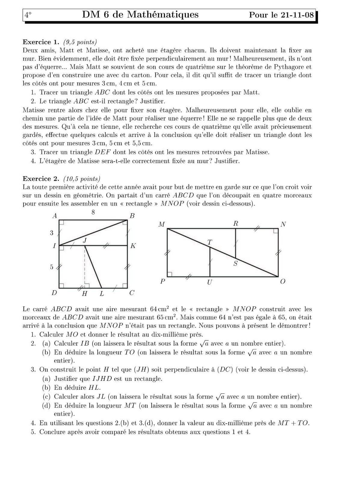 Liste des DM de 4ème. - maths champivert Liste des DM de 4ème. - maths champivert