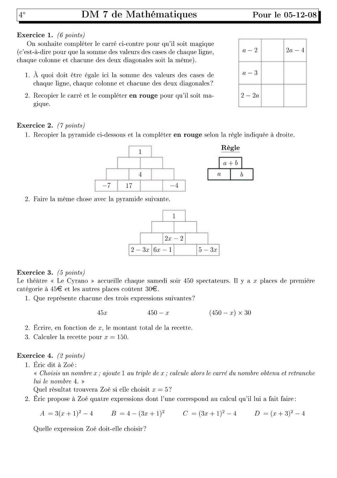 Liste des DM de 4ème. - maths champivert Liste des DM de 4ème. - maths champivert
