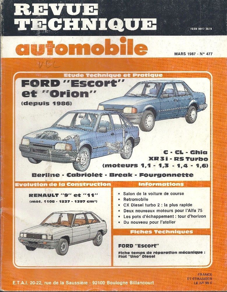 RTA 477 – Ford Escort Orion – Evolution Renault R9, R11 – Mars 1987 ...